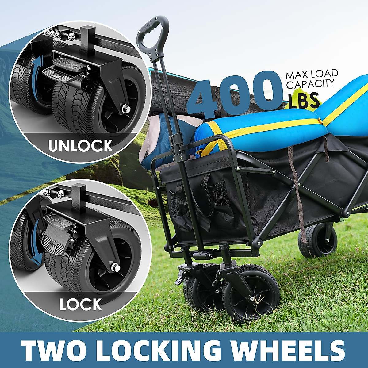 Collapsible Folding Beach Wagon Heavy Duty, 400LBS Capacity Foldable Wagon Carts with Big Wheels and Lock for All Terrain, Garden, Grocery, Outdoor, Camping