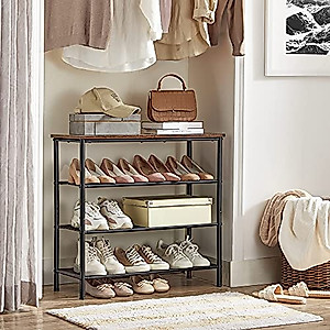 VASAGLE Shoe Rack, 4 Tier Shoe Storage Rack for 9-12 Pairs of Shoes, Shoe Organizer for Entryway, with 3 Fabric Shelves and Wooden Top, Steel Frame, Industrial, Rustic Brown and Black ULBS035B01