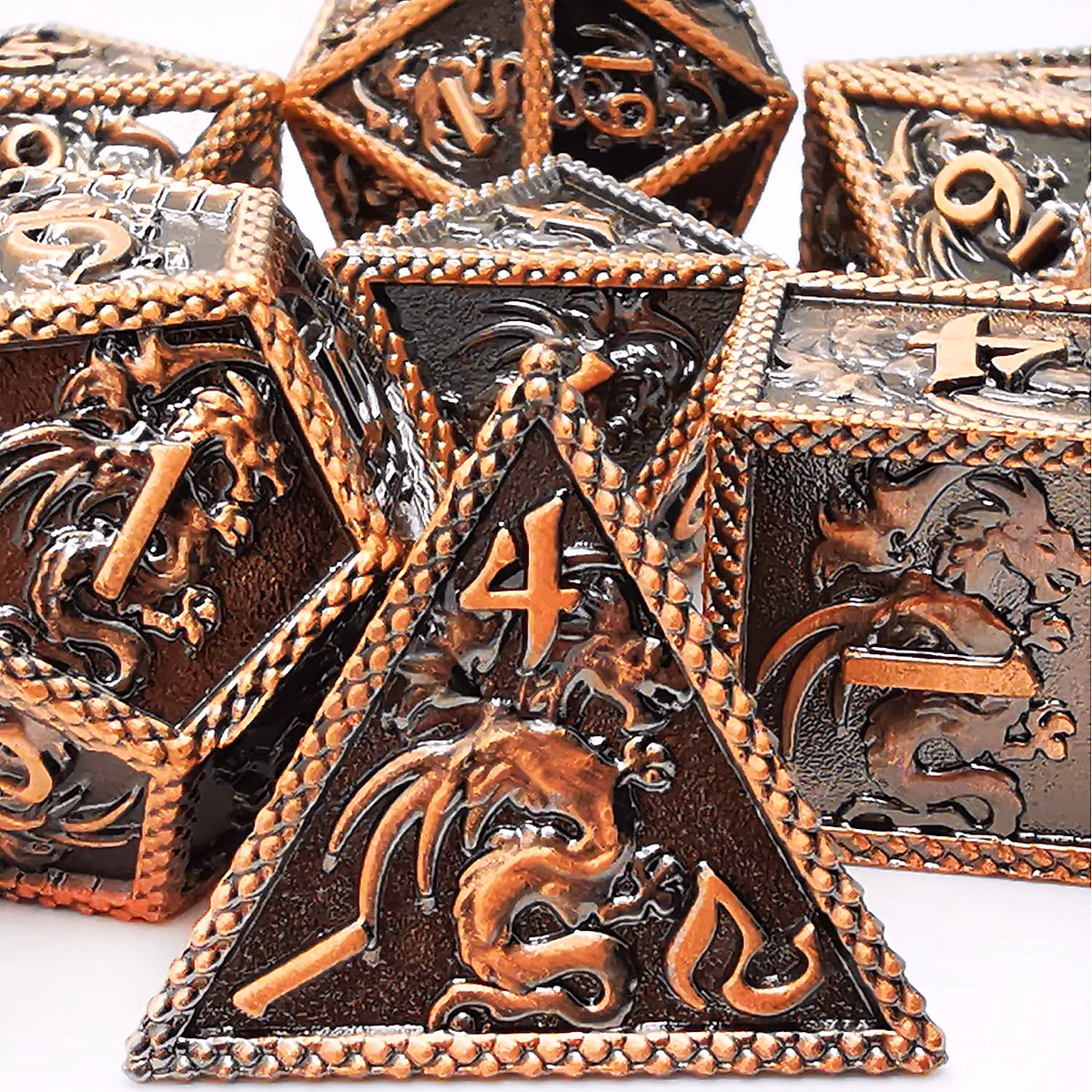 MJDICEOK Metal Dice Dragon Set 7 DND Role Playing Dice D&D Solid Dice Ancient Red Copper