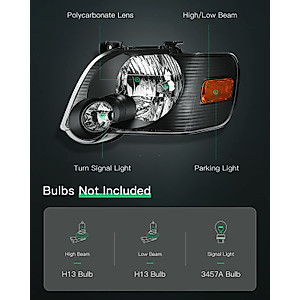 LSAILON Headlight Assembly Replacement Fit 2006-2010 For Ford For Explorer Black Housing Amber Reflector Clear Lens