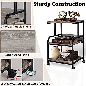 KirKical 3-Tier Mobile Printer Stands on Wheels with Storage Shelves Industrial Style Machine Cart Organizer Table for Office and Home Slate Grey Wood and Black Metal Finished