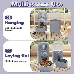 Apatal Hanging Automatic Rabbit Food and Water Dispenser for Cage, Gravity Bunny Pellet Feeder Plastic Small Animal Feeding & Watering Supplies for Ferret Puppy Kitten Guinea Pig Crate (Gray)
