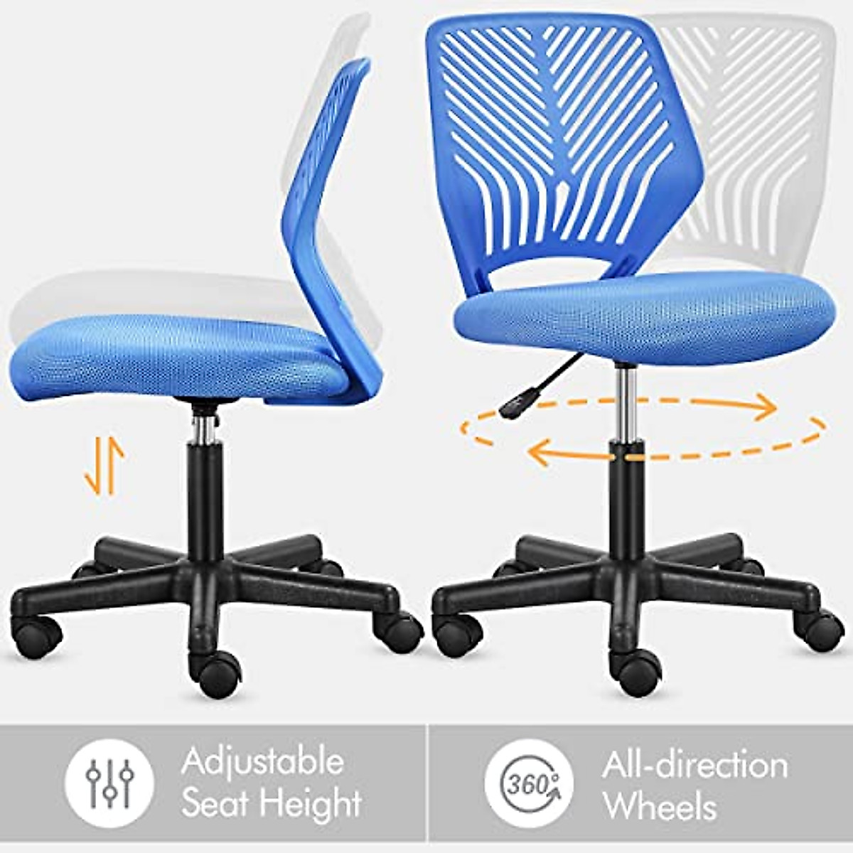 Yaheetech Students Desk Chair Low-Back Armless Study Chair Swivel Task Chair Cute Bedroom Chair with Lumbar Support Adjustable Height for Youth, Blue