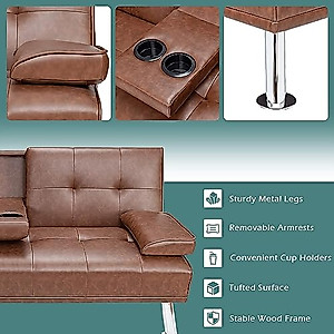 Convertible Folding Futon Sofa Bed with Metal Legs & 2 Cupholders, Modern Fabric Leather Upholstered Couch Loveseat Sleeper, Folding Couches Bed, Removable Armrests for for Small Spaces (Brown+New)