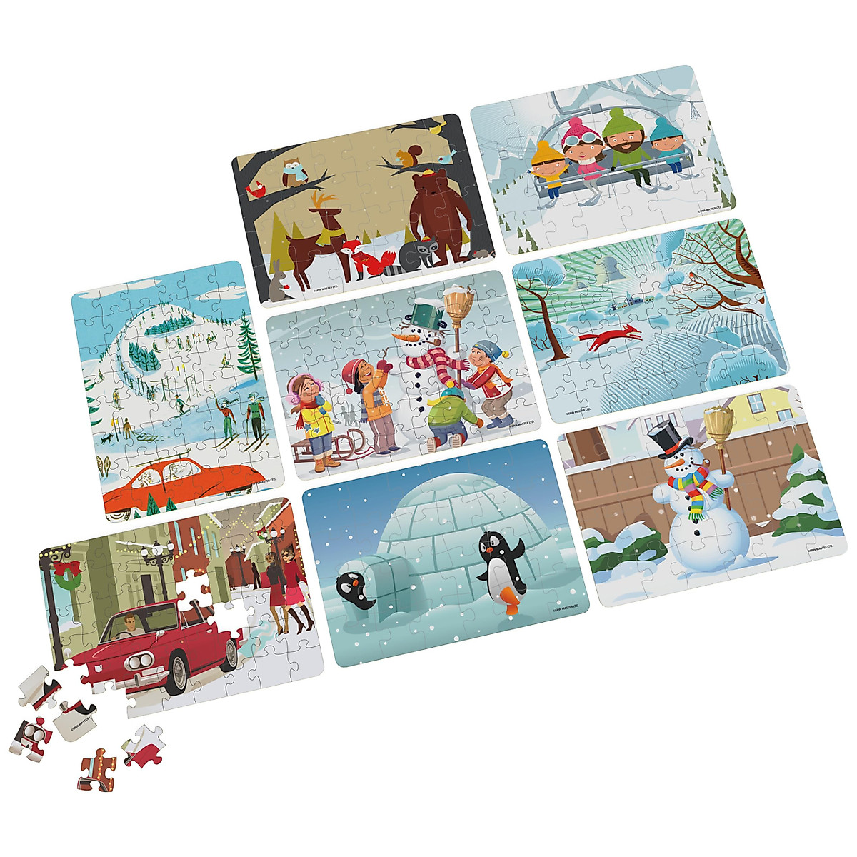 24 Jigsaw Puzzle Bundle, Holiday Winter Snow Illustration Landscape, 1000, 500, 300, 100, 48, 24 Pieces, for Kids and Adults Ages 8 and up