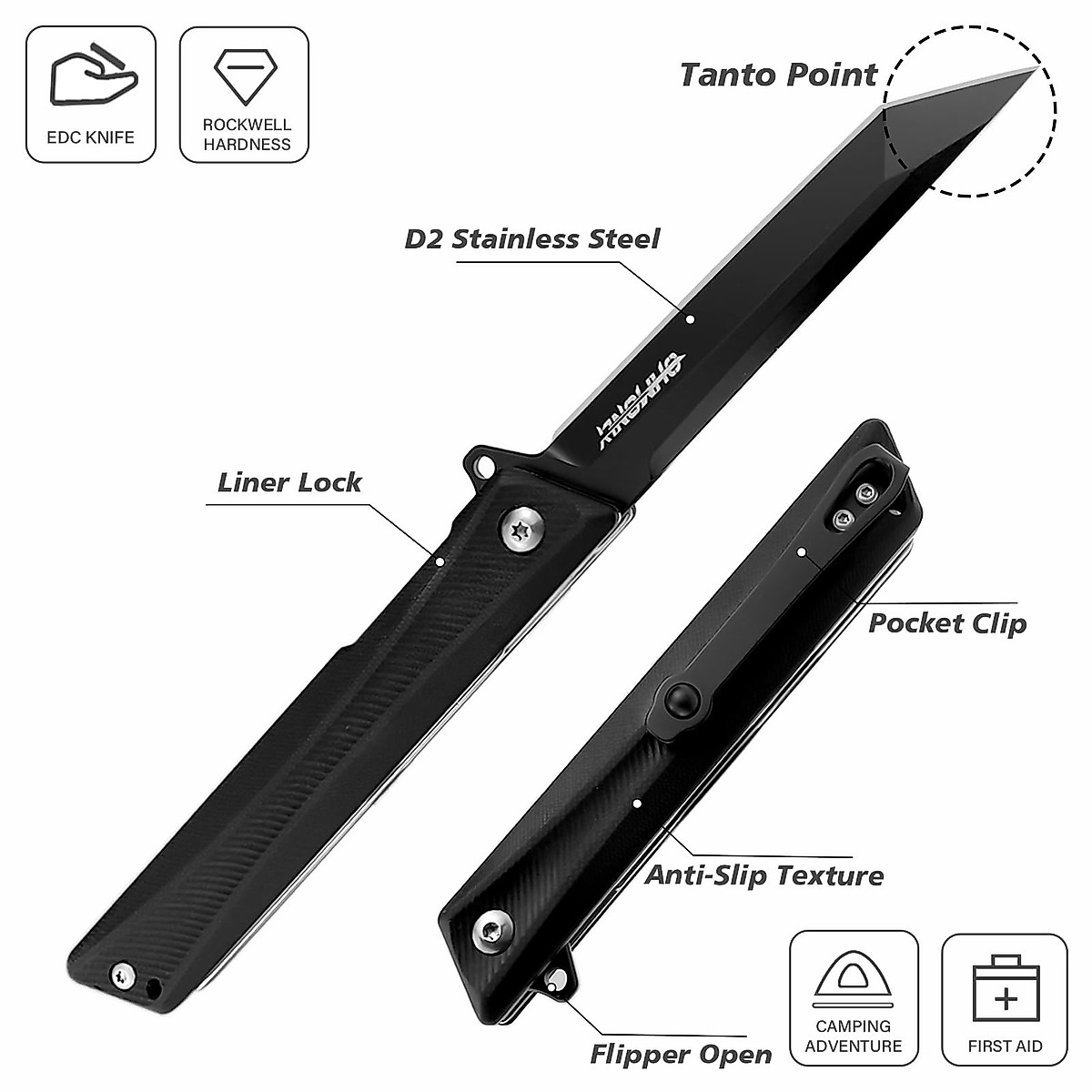 ohmonlyhoo Pocket Knife, 3.5 inch Folding Knife with G10 Handle and D2 Blade, Edc Knife with Nylon Sheath for men and Women