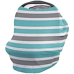 Baby Nursing Cover for Breastfeeding, White Grey and Aqua Stripes Breathable Stretchy Nursing Scarf Carseat Canopy for Boys or Girls Stroller Car Seat Covers Modern Striped