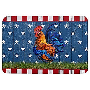 July 4th Bath Rugs Farm Chicken Stars Independence Day Holiday Sponge Doormat Absorbent Non Slip Backing Flannel Mat Wood Grain Red and White Stripe Memory Foam Mats for Bathroom18 x30