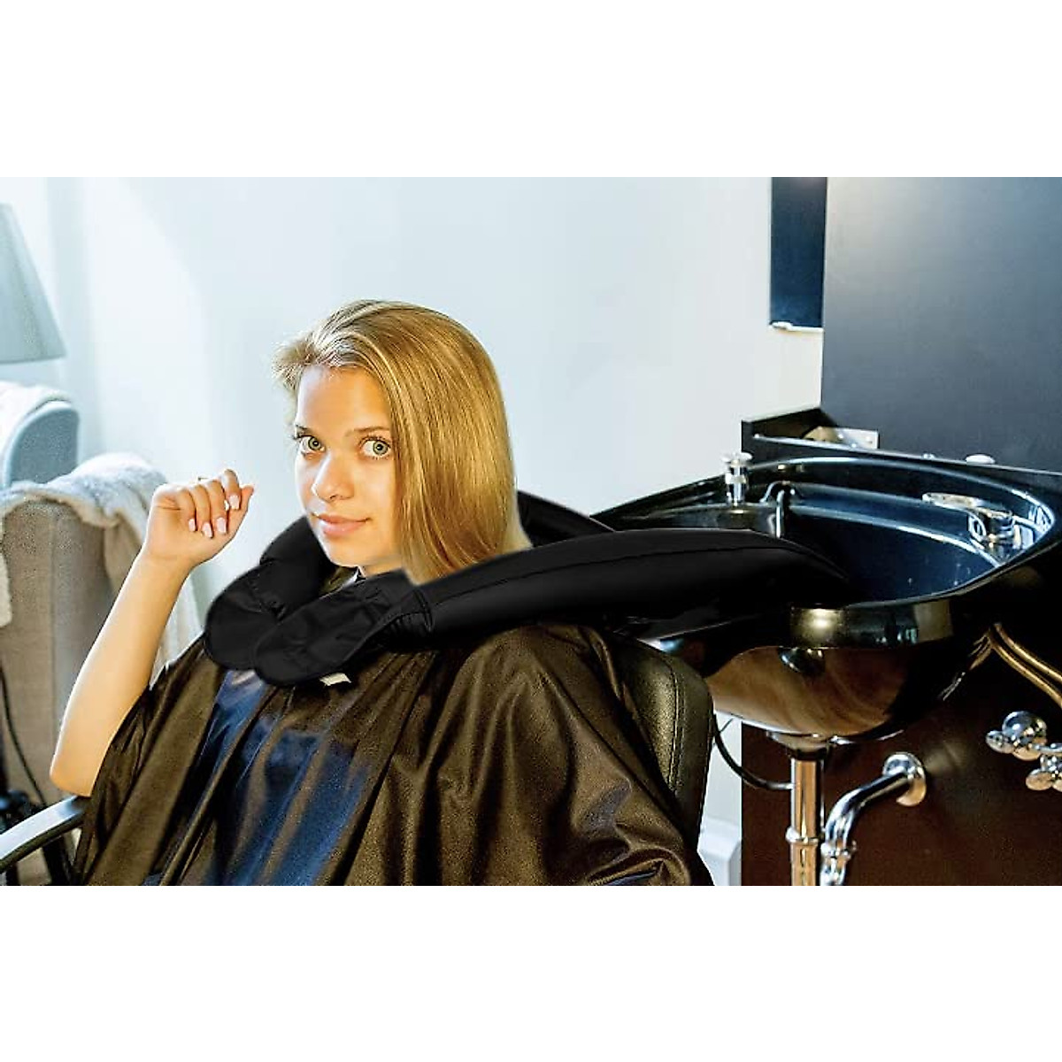 Inflatable Shampoo Funnel Cape for Washing Hair in Any Chair and Basin. Black Portable Tray Device to Use in Salon, at Home, Nursing Home or Hospital to Help Keep Clothes Dry! Pump Included!