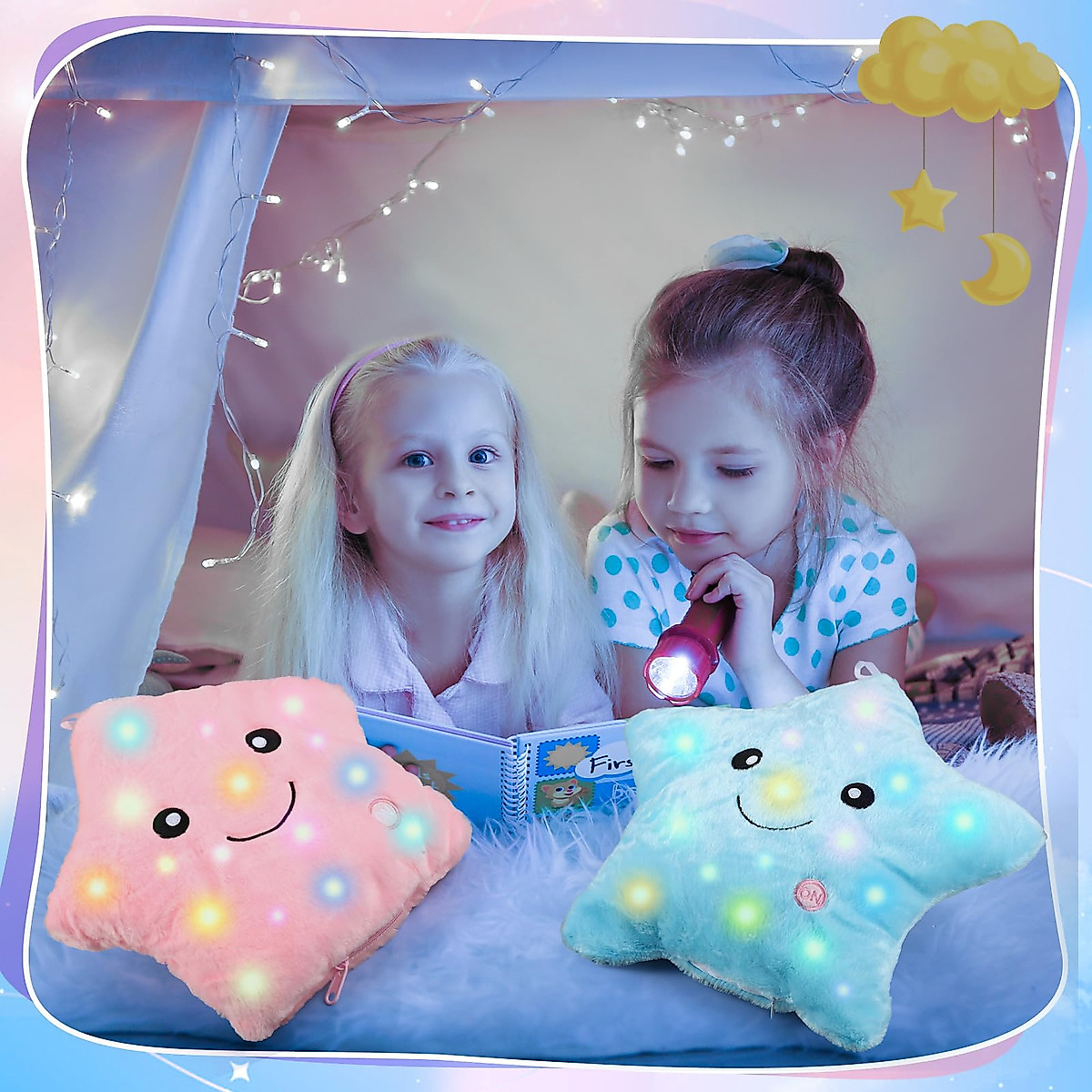 Pinkunn 6 Pcs Light up Star Pillow Star Shaped Soft Plush Pillow for Kids 13 Inch Twinkle LED Night Colorful Glowing Plush Throw Stuffed Pillow for Birthday Gifts Room Home Office