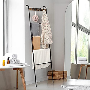 Blanket Ladder Towel Ladder for The Living Room Wall-Leaning Quilt Ladder with 5 Removable Hooks Farmhouse Decorative Bathroom Blanket Ladder Black Towel Rack for Laundry Room Outdoor Pool，Black