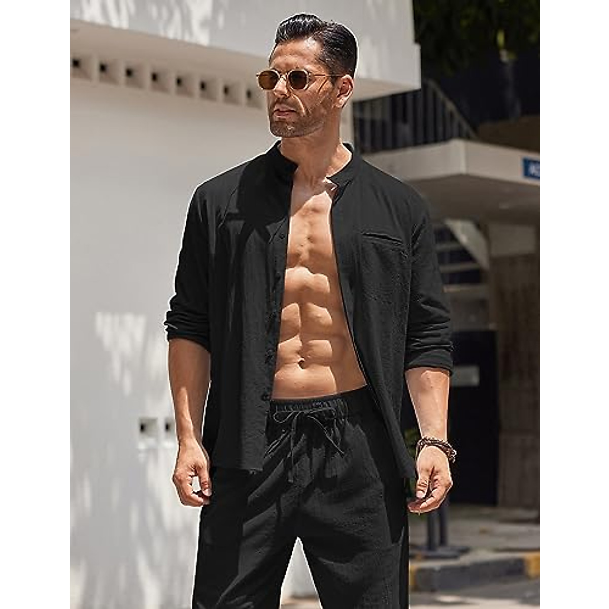 COOFANDY Mens 2 Pieces Cotton Linen Set Long Sleeve Button Up Shirt and Casual Beach Pants Summer Yoga Outfits