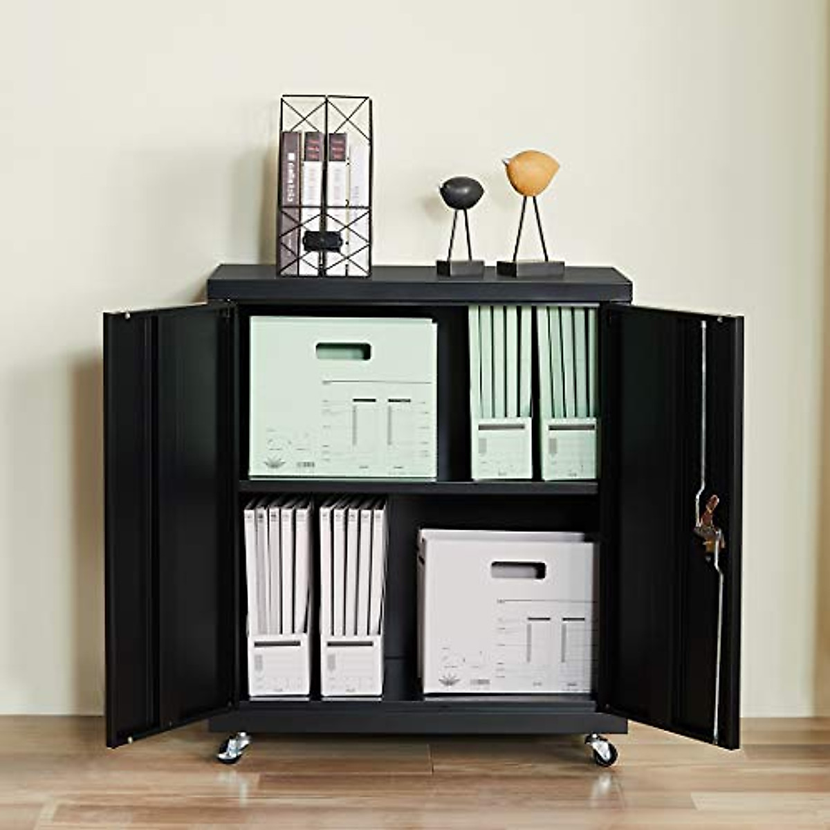 LUCYPAL Metal Storage Cabinet with Wheels, Lockable Metal Cabinet with 1 Adjustable Shelf Suit Home Office,Black