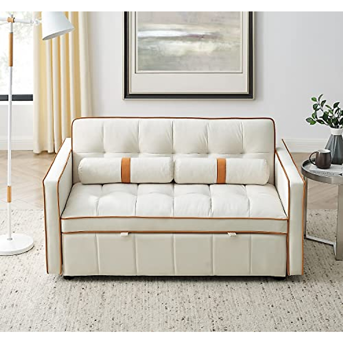 LKTART Modern 55.5'' Pull Out Sleeper Sofa Bed Loveseats Velvet Couch Adjustable Backrest Lumbar Pillows Side Pockets Living Room Apartment Beige