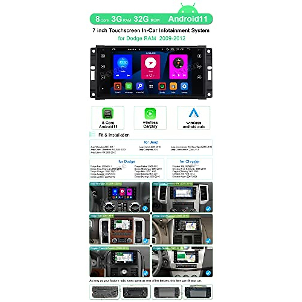 7 inch 8Core 3G+32G Android 12 Wireless Carplay Android Auto Car Stereo Radio for 2006-2010 Grand Cherokee Dodge Ram 1500 Chrysler 300 Sebring Touchscreen In-Dash GPS Navigation Unit with WiFi SWC DSP