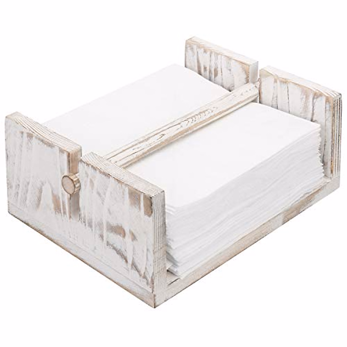 MyGift Whitewashed Wood Square Flat Napkin Holder with Weighted Arm, Farmhouse Dining Table Napkin Holder