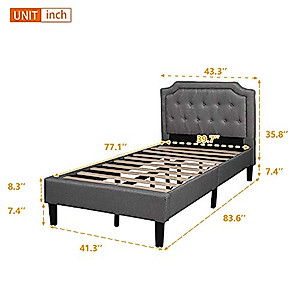 Harper & Bright Designs Twin Upholstered Bed with Headboard, Solid Wood Platform Bed Frame with Wooden Slat Support, No Box Spring Needed (Twin Size, Gray)