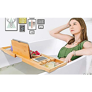 Diosbles Bathtub Caddy Tray Expandable Bamboo Bath Tub Tray Caddy Extendable Bathtub Holders Organizers with Book Ipad Holder and Phone Candle Wineglass Slots
