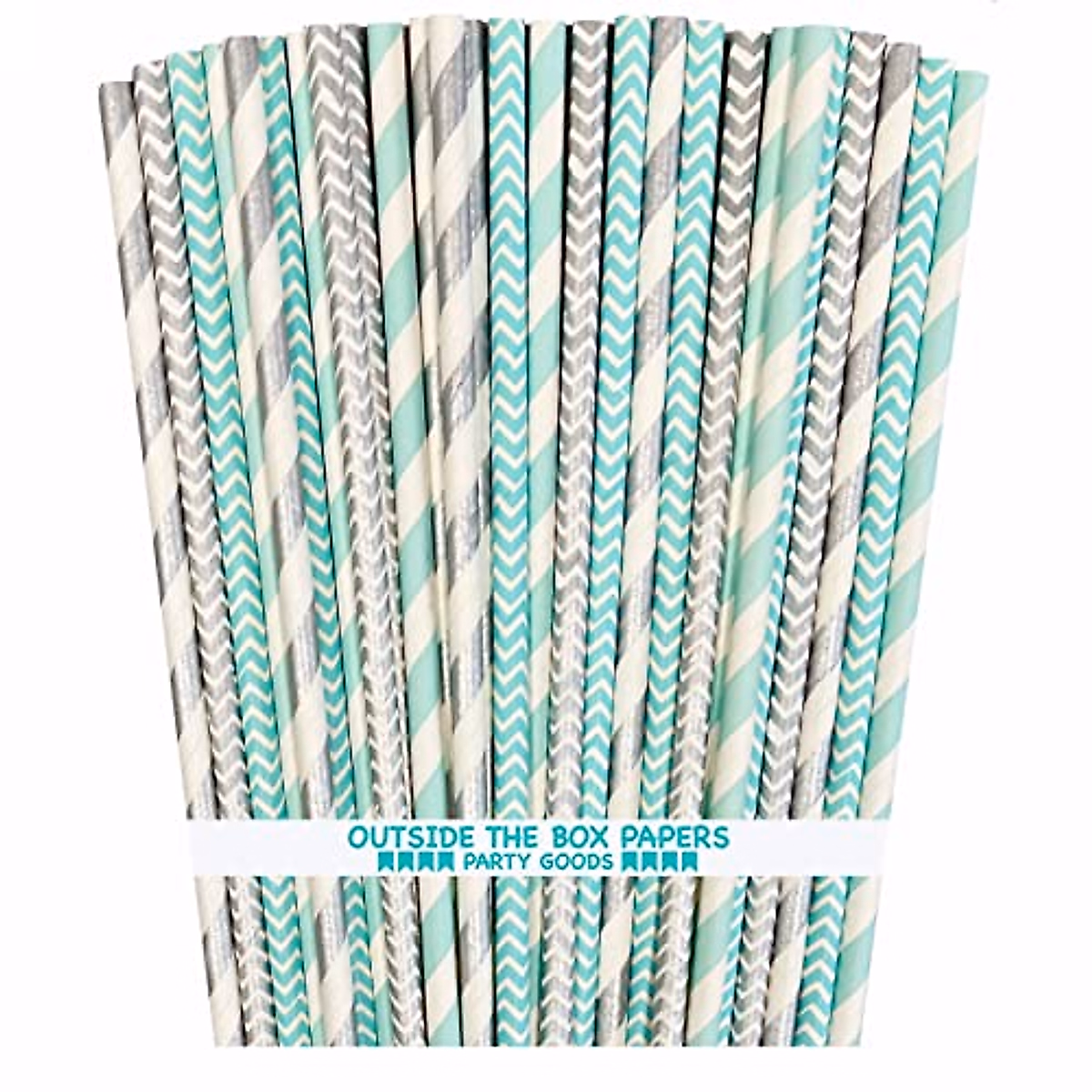 Outside the Box Papers Light Blue and Silver Stripe and Chevron Paper Straws 7.75 Inches 100 Pack Light Blue, Silver, White
