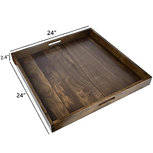 24"x 24" Square Solid Black Walnut Wood Serving Tray Ottoman Tray Extra Large Wood Trays with Handles Wooden Serving Tray for Oversized Ottoman Home Breakfast in Bed Tea Coffee