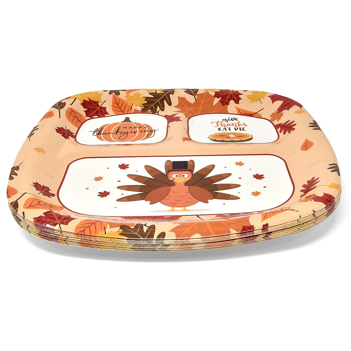 Gift Boutique 24 Pack Thanksgiving Divided Dinner Plate 9 inch Square 3 Section Plates for Fall Autumn Harvest Party Supply Disposable Paper Dinner Table Decorations with Turkey Pumpkin Leaf Design