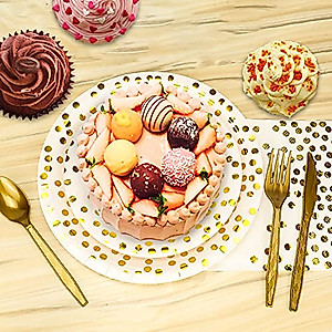 176 Pieces Gold Disposable Party Dinnerware Set &Golden Dot Disposable Party Dinnerware - Black Paper Plates Napkins Cups, Gold Plastic Forks Knives Spoons