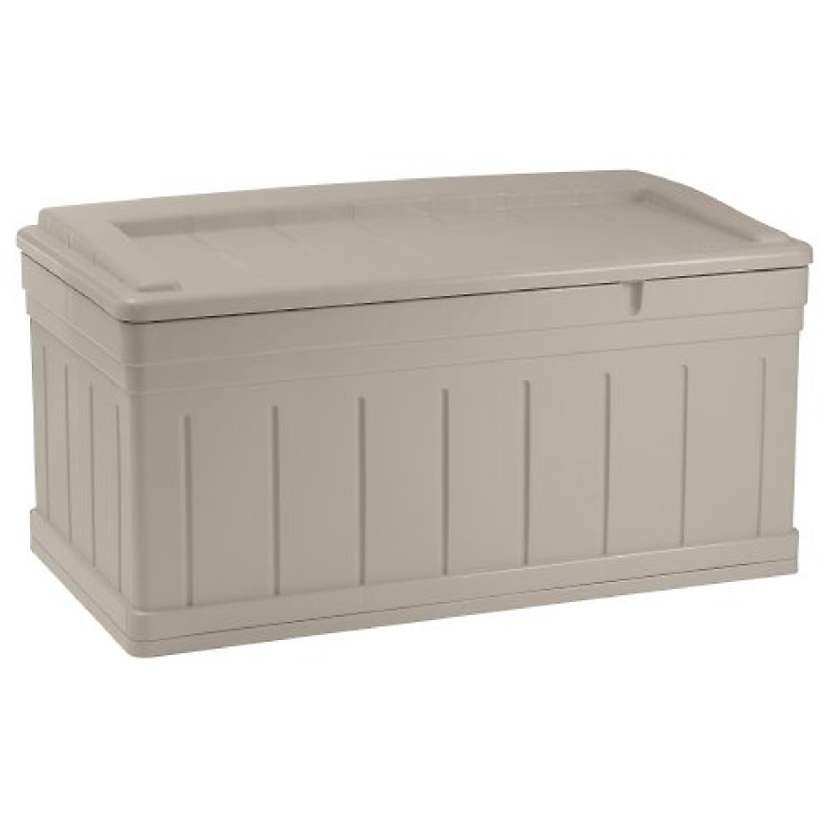 Suncast DB9750 129 Gallon Large Waterproof Outdoor Storage Container for Patio Furniture, Pools Toys, Yard Tools Extended Deck Box, H27 1/2, w/Lid and Seat, Taupe
