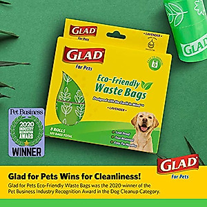 Glad Eco Friendly Dog Waste Bags - 8 Rolls of Lavender Scented Dog Waste Bags, 120 Bags in Total - Dog Waste Bags for All Dogs, Leak Proof and Strong Dog Poop Bags