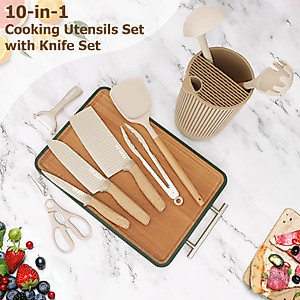 FTNESGYM Kitchen Knife Set, Knife Sets with Block and 4 PCS Kitchen Utensils Set, 10-in-1 Cooking Utensils Set with Knife Set and Utensils Holder, Silicone Spatula Set for Kitchen (Khaki)