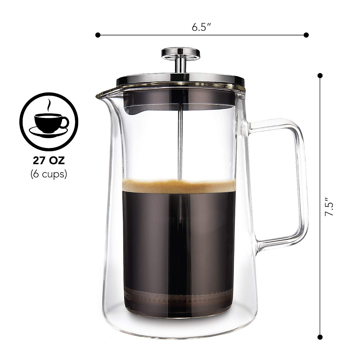 Kaffe Large French Press Coffee Maker & Camping Coffee Pot - Double-Wall Insulated Borosilicate Glass Tea & Coffee Press - Perfect Travel & Camping Cookware (6 cups / 0.8L)