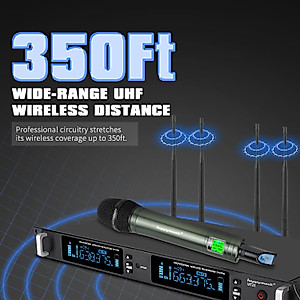 happymusic Professional UHF Wireless Microphone System, 2 Channel Metal Microphone Set of 2 Handheld Cordless Mics, Auto Scan, Up to 350ft for Singing, Home Karaoke, Church, Wedding (UT22)