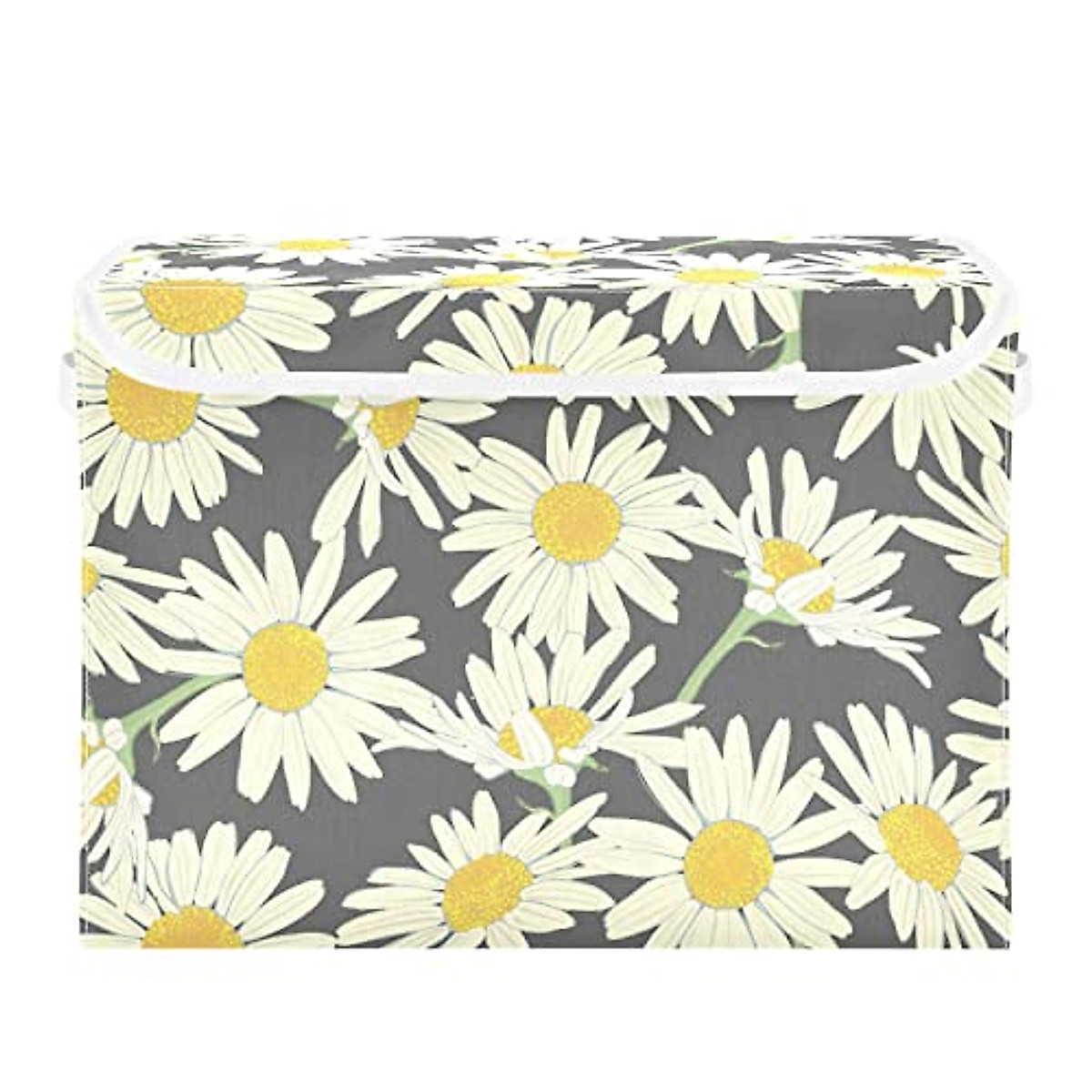 ZRWLUCKY Floral Pattern Camomile Cute White Storage Bins with Lids and Handle Durable Collapsible Storage Container Bin for Playroom, Office, Kids, Nursery