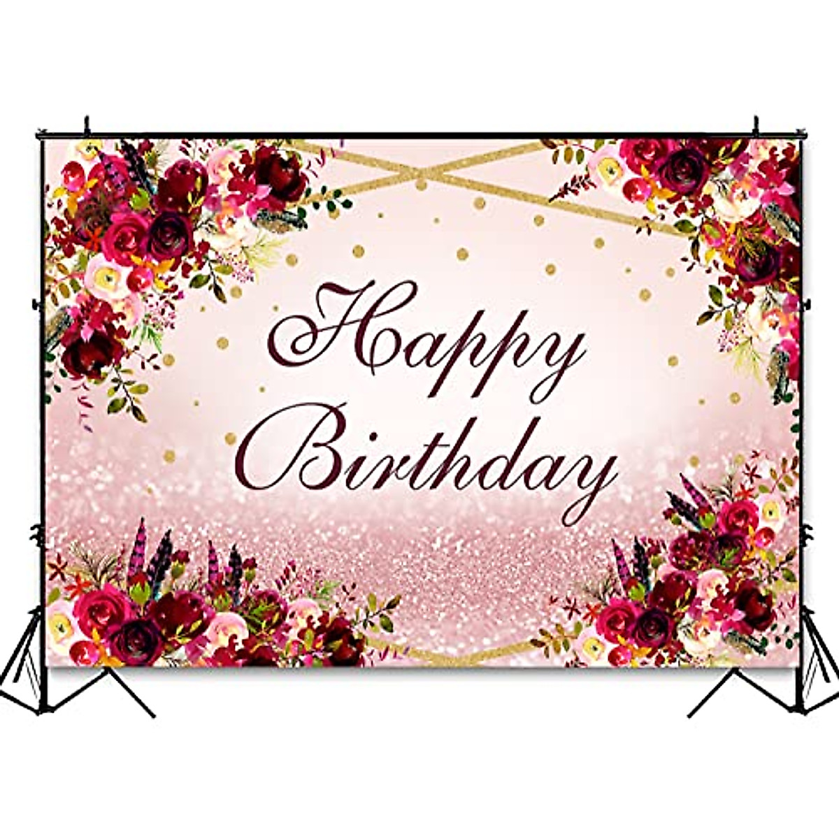 InMemory Burgundy Flower Happy Birthday Backdrop Rose Gold Glitter Birthday Photography Background Rustic Floral Backdrops for Women Lady Girls Bday Party Decorations Banner Photo Booth Supplies 5x3ft