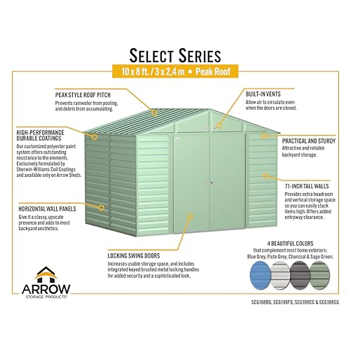 Arrow Select 10' x 8' Outdoor Lockable Steel Storage Shed Building, Sage Green