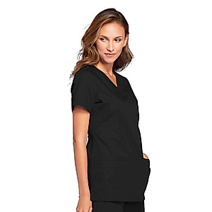 V-Neck Womens Scrubs Top Workwear Originals with Rib-Knit Back Panels WW645, M, Black