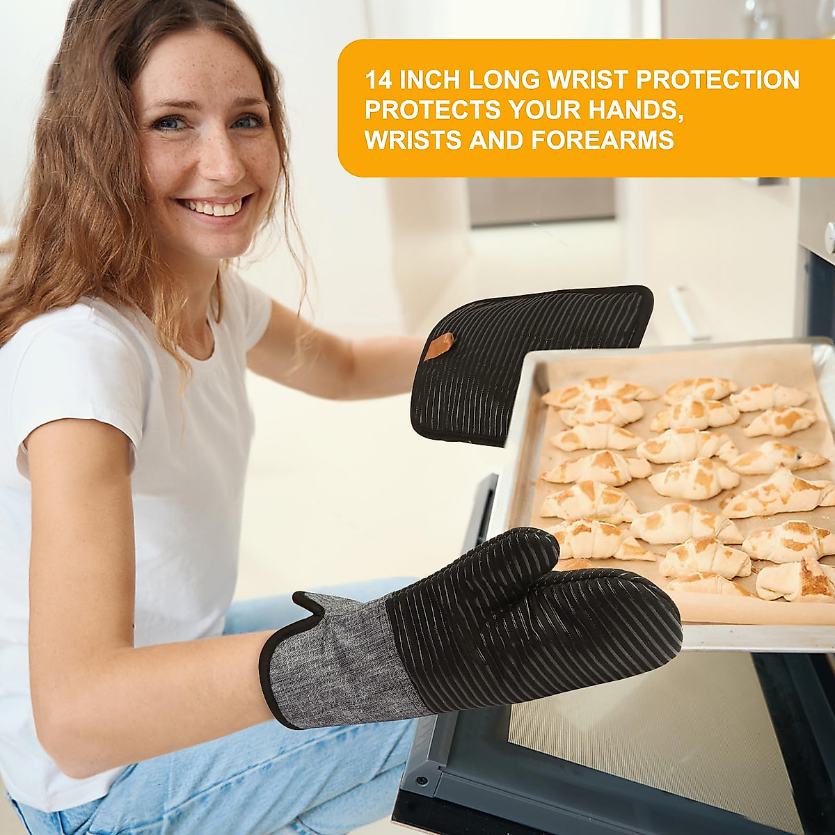 4PCS TIPTAP Oven Mitts, Kitchen Oven Mitts Set, Non Slip Cotton Oven Mitt and Pot Holders,Heat Resistant, Machine Washable,2 Long Mit and 2 Pot Holder(Black)