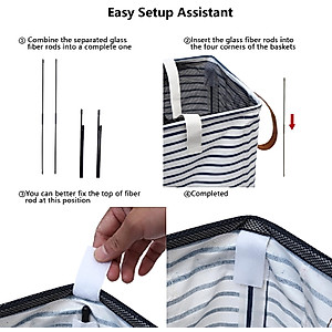 HiCharmcci Laundry Hamper, Wheeled Collapsible Clothes Hampers for Laundry, Large 82L, Dark Blue Strips, Sturdy Oxford Fabric, Mesh Closure, Portable Handle, Transparent Window