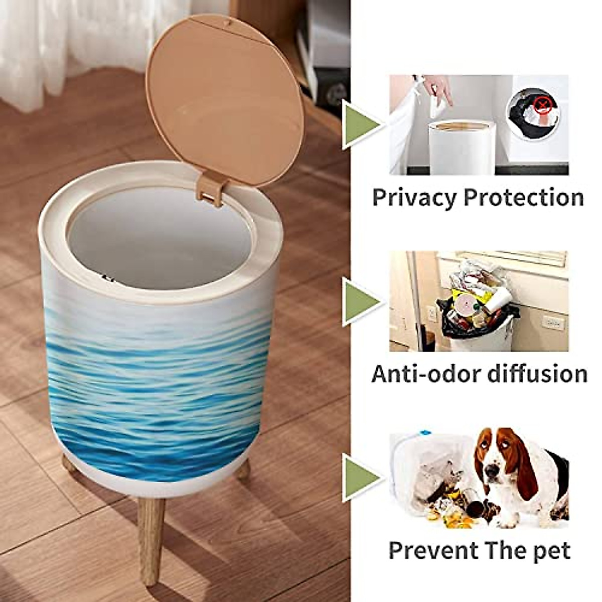 LGCZNWDFHTZ Small Trash Can with Lid for Bathroom Kitchen Office Diaper Blue sea Water Bedroom Garbage Trash Bin Dog Proof Waste Basket Cute Decorative