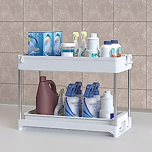 SZIPJAMP Under Sink Organizers and Storage 2 Tier Slide Out Kitchen Cabinet Organizer Sturdy Metal Storage Rack White Matte Kitchen Shelf for Countertop