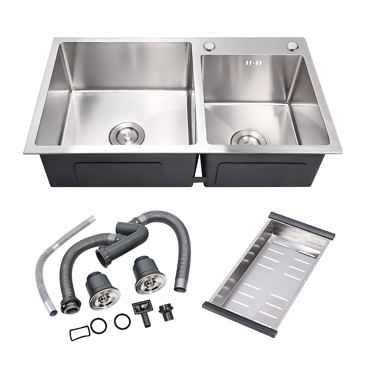 DuyviSteil T-304 Modern Nano-Coated Stainless Steel Kitchen Sink, Drop in & Topmount Double Bowl Sinks with Drainage Pipes and Fruit Baskets (30.7 x 16.9)