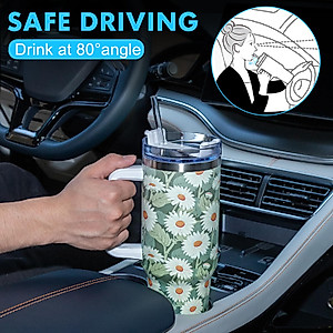 40 oz Tumbler with Handle and Straw, Daisy Insulated Travel Mug Iced Coffee Cup, Reusable Stainless Steel Insulated Water Bottle, Keeps Drinks Cold for 34 Hours, Dishwasher Safe, BPA Free