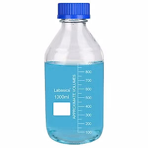 Labasics Round Media Storage Bottles with GL45 Blue Screw Cap, Glass Clear Wide Mouth Graduated Round Reagent Media Storage Lab Glass Bottle, 1000 ml