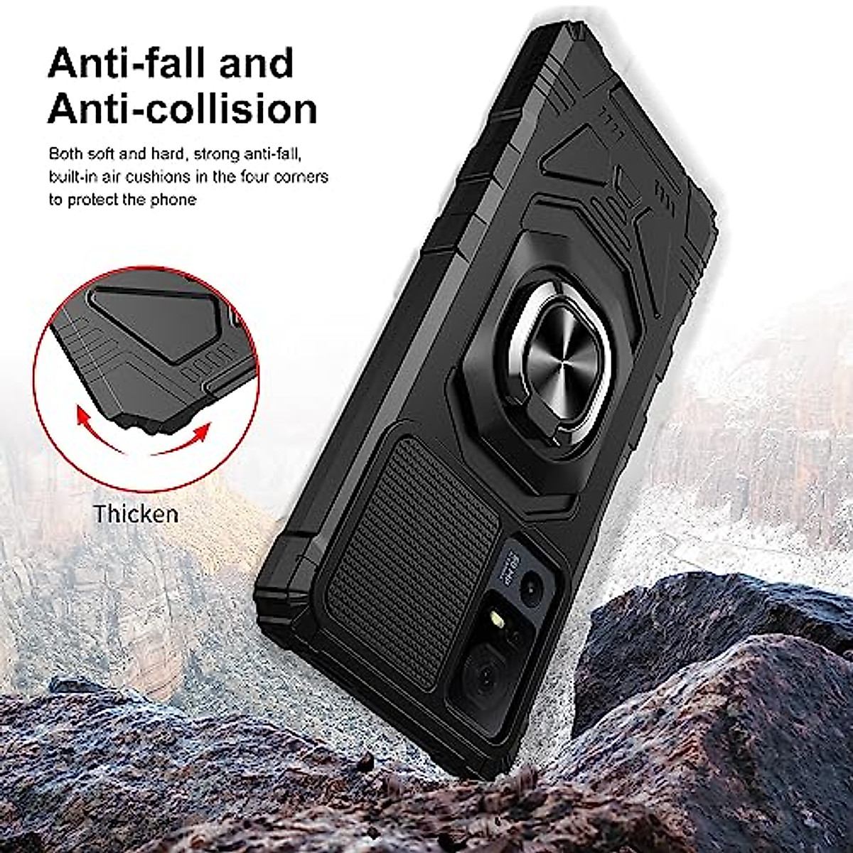 for TCL 40 XL Case/TCL 40 T Case with Screen Protector,TCL 40XL Phone Case Magnetic Car Ring Stand, Frosted PC Back Soft Silicone Bumper Heavy Duty Shockproof Phone Case Cover for TCL 40T/40 XL Black