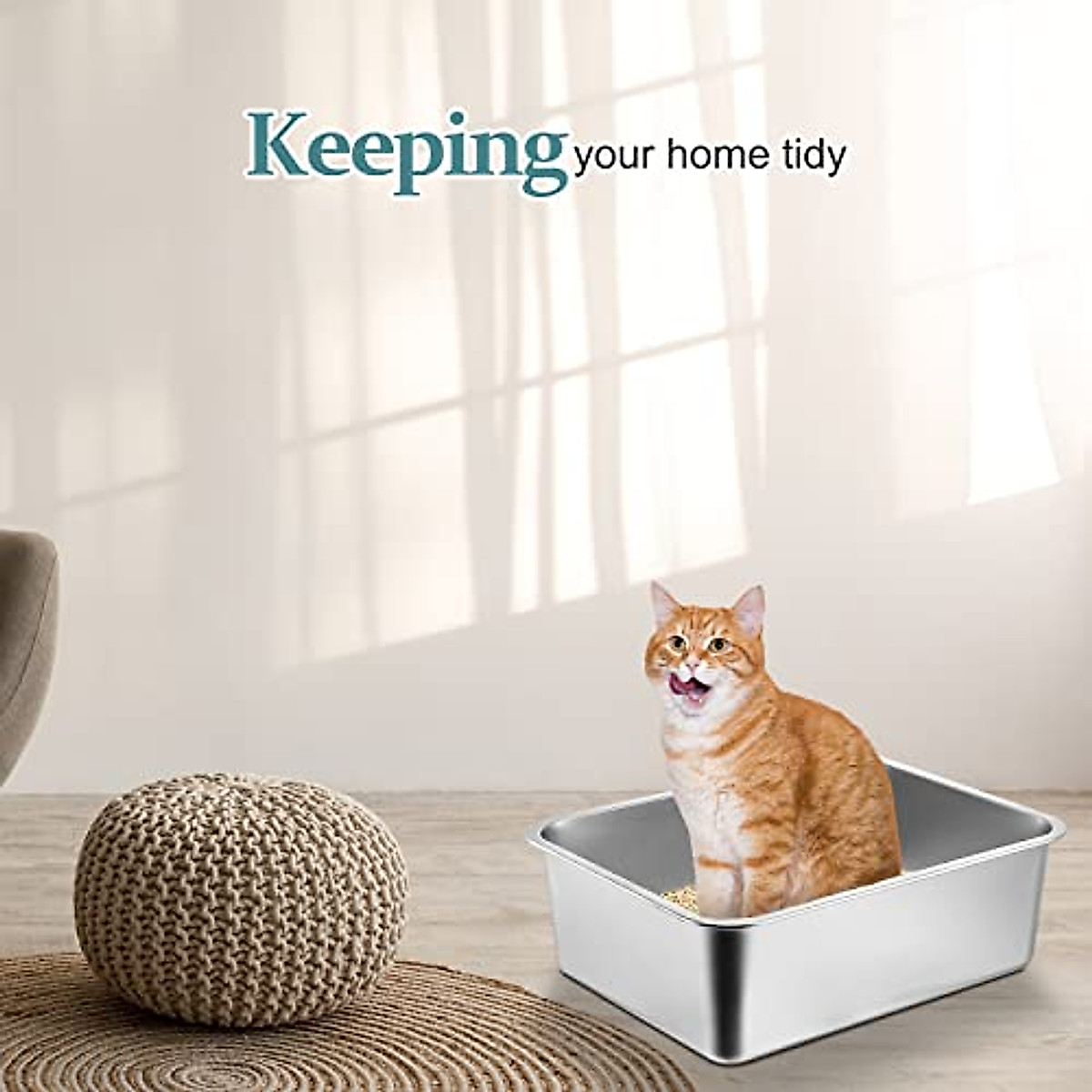 3 Pieces Stainless Steel Cat Litter Box Large Metal Litter Box Pets Litter Basin Pan Never Absorbs Odor, Rustproof, Easy to Clean, Safe and Hard for Cat Rabbits (17.7 x 13.8 x 5.9 Inches)
