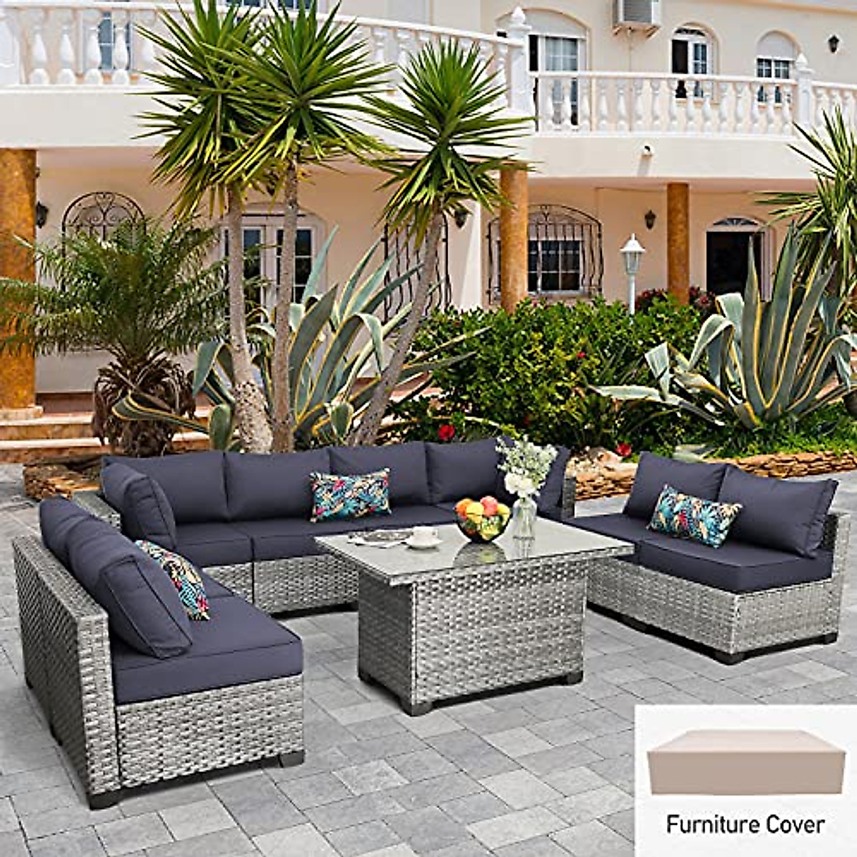 Patio Conversation Set Sectional Sofa 9 Pieces Outdoor Sectional Wicker Furniture Couch Storage Glass Table with Thicken(5") Anti-Slip Navy Blue Cushions Furniture Cover Grey PE Rattan