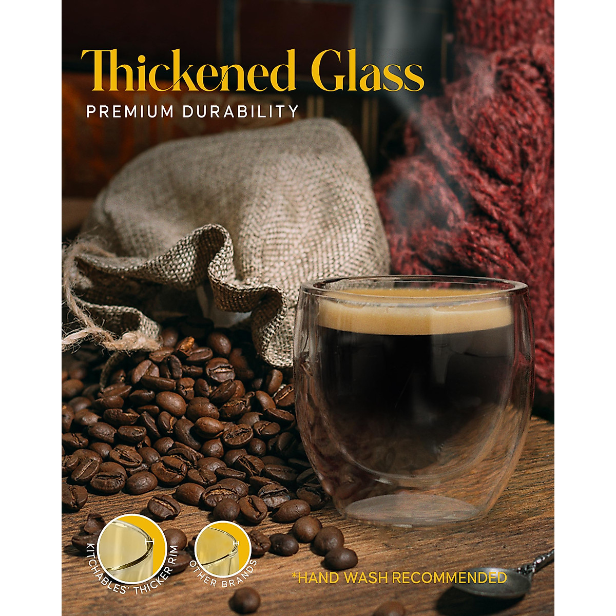 Kitchables Double Wall Glass Coffee Mugs Set of 4, 8oz - Insulated Clear Glass Coffee Mugs for Cappuccino, Latte, Tea, Espresso - Latte Cup - Tazas Para Cafe