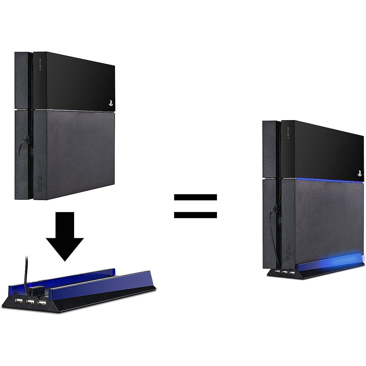 KlsyChry Stand with HUB & Blue Light for PS4, Blue Led Light Vertical Stand Base with 3 USB HUB Port for Sony Playstation 4 PS4 Console (Black)