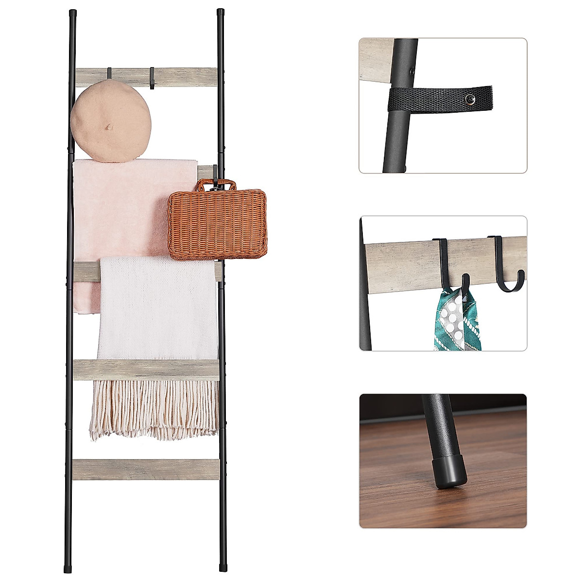 ELYKEN Blanket Ladder for Living Room, Farmhouse 5 -Tier Quilt Holder with 4 Removable Hooks for Bathroom, Wood Towel Rack Display, Wall Anchor Leaning Decorative Stand for Home Decor, White Oak