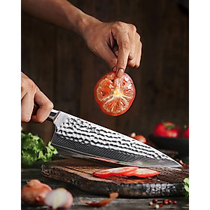 HEZHEN 8.3 Inches Damascus Chef Knife, Damascus Steel Powder Steel Kitchen KnifeHammered Pattern,Natural Rosewood Handle