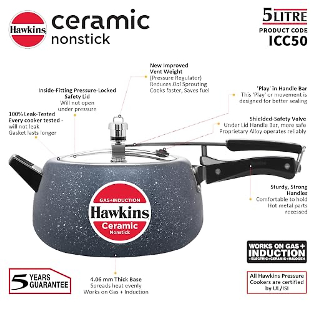 Hawkins 5 Litre Ceramic Nonstick Pressure Cooker, Induction Inner Lid Cooker, Granite Contura shaped Cooker, Best Cooker, Blue (ICC50)